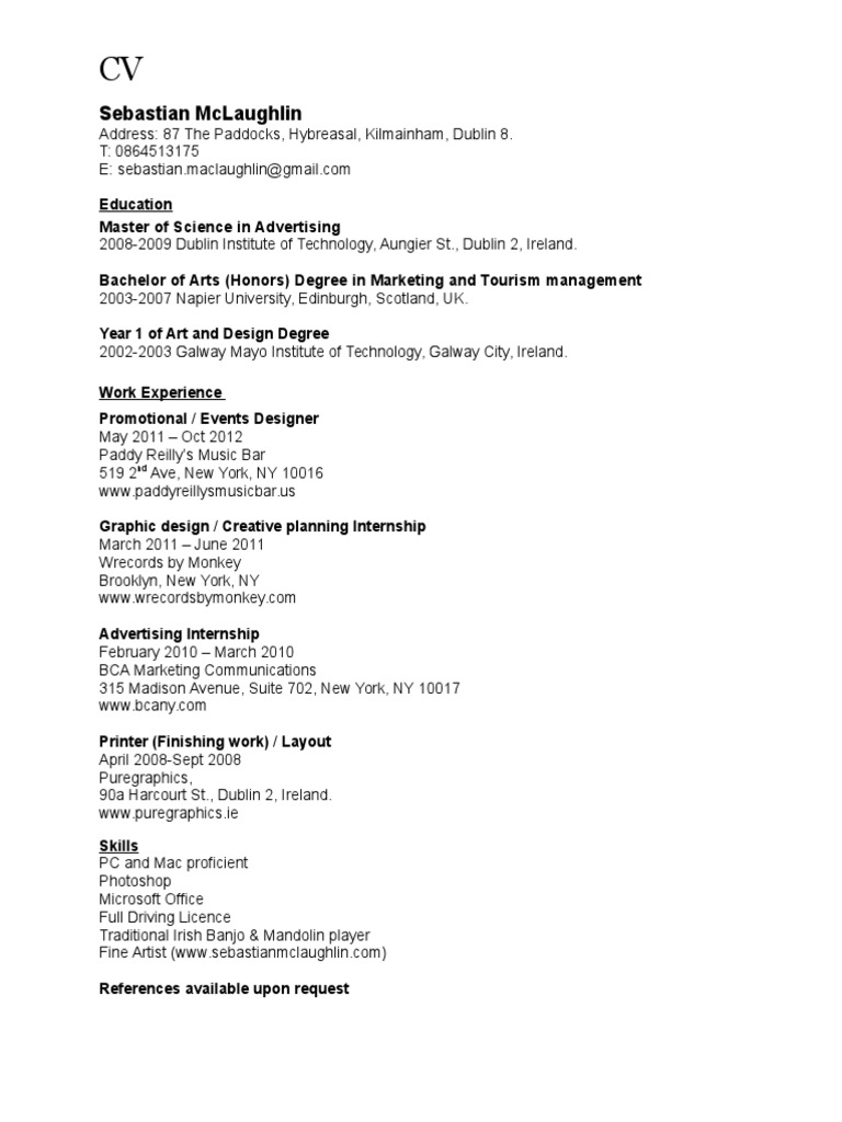 Sebastian McLaughlin CV: Marketing & Design | PDF | Art