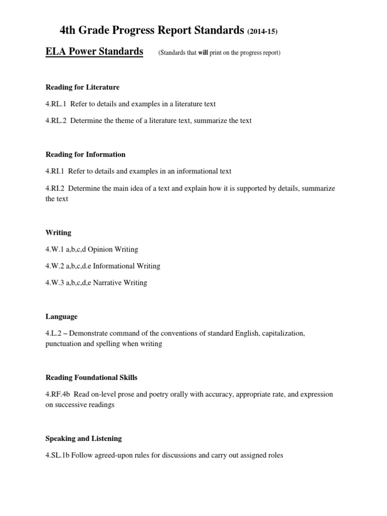 4th Grade Progress Report Standards 14-15 2 | PDF