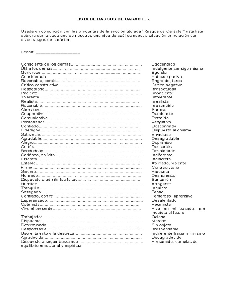 Lista de Rasgos de Carácter | PDF