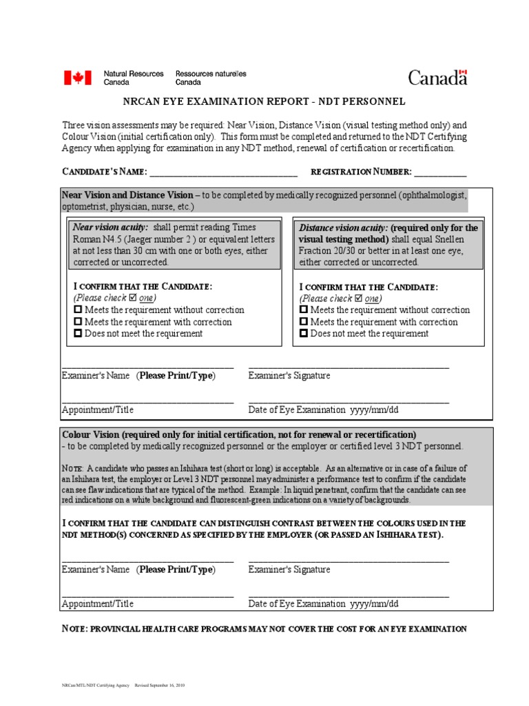 NRCan Eye Examination Report Form-NDT Personnel | PDF