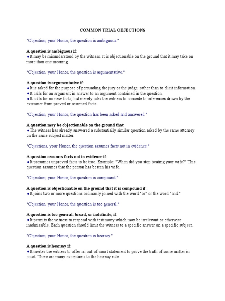 Common Trial Objections | PDF | Evidence (Law) | Witness