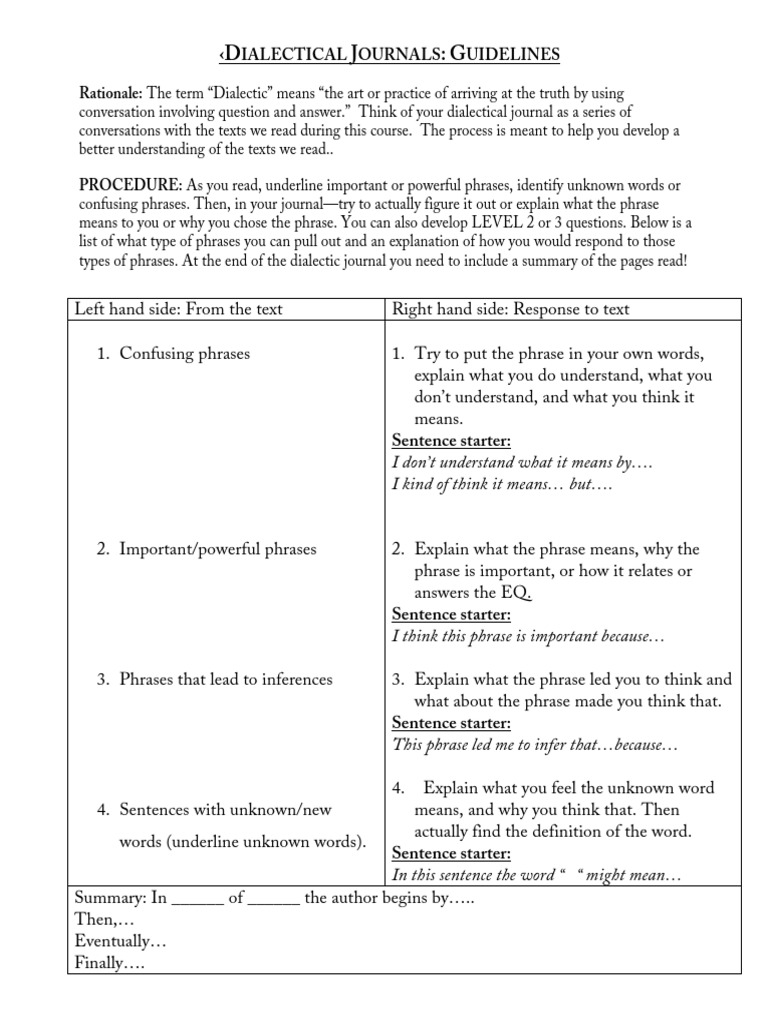 Dialectical Journal Guidelines for Texts | PDF | Phrase | Prison