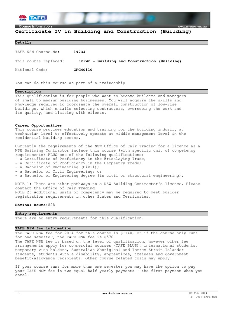 Certificate IV in Building and Construction (Building) : Details | PDF ...
