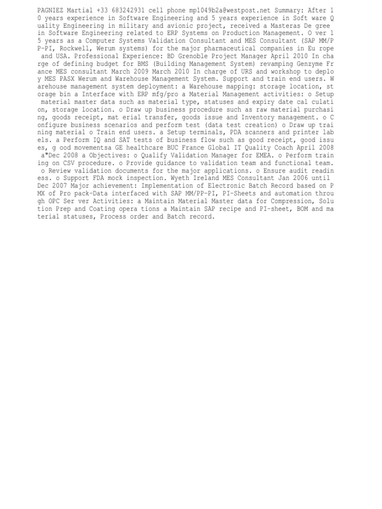 Senior Sap MM PP Pi Mes PMX Pasx Pharma | PDF | Verification And ...