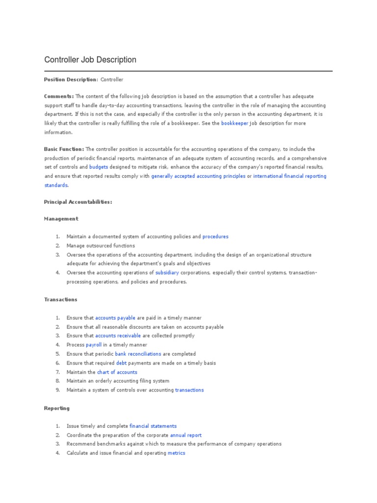 Controller Job Description Overview | PDF | Chief Financial Officer ...
