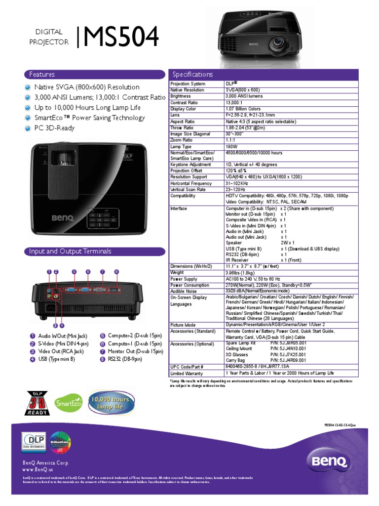 Features Specifications: Digital Projector | PDF | Display Resolution ...