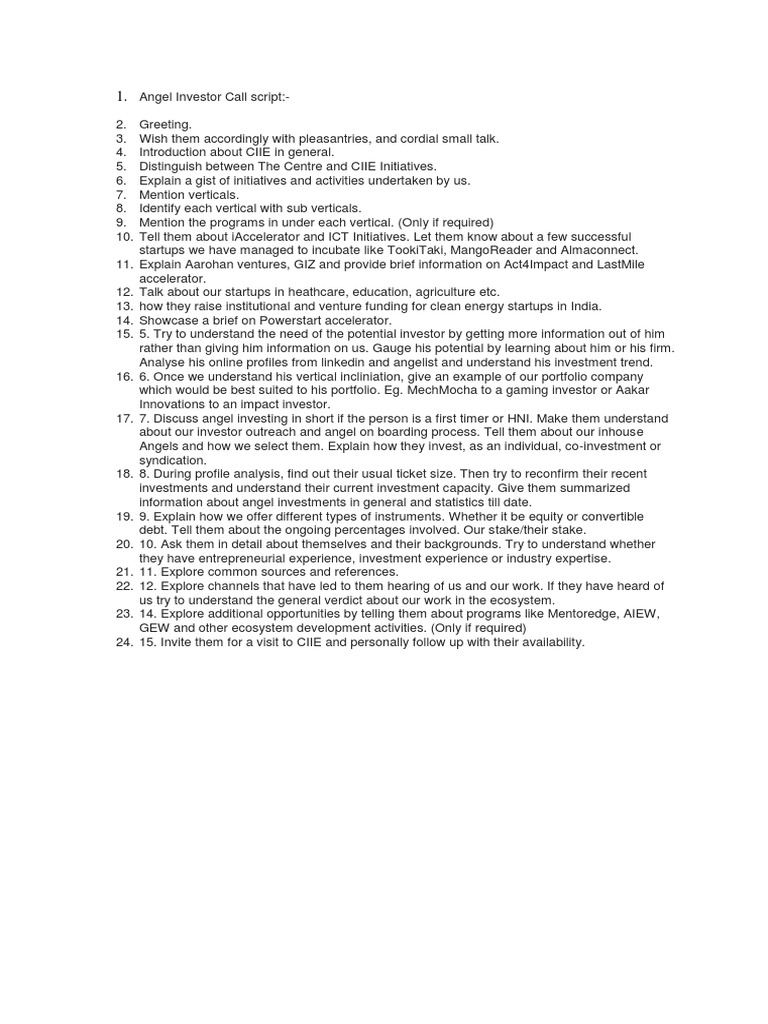 Angel Investor Call Script | PDF | Angel Investor | Startup Company