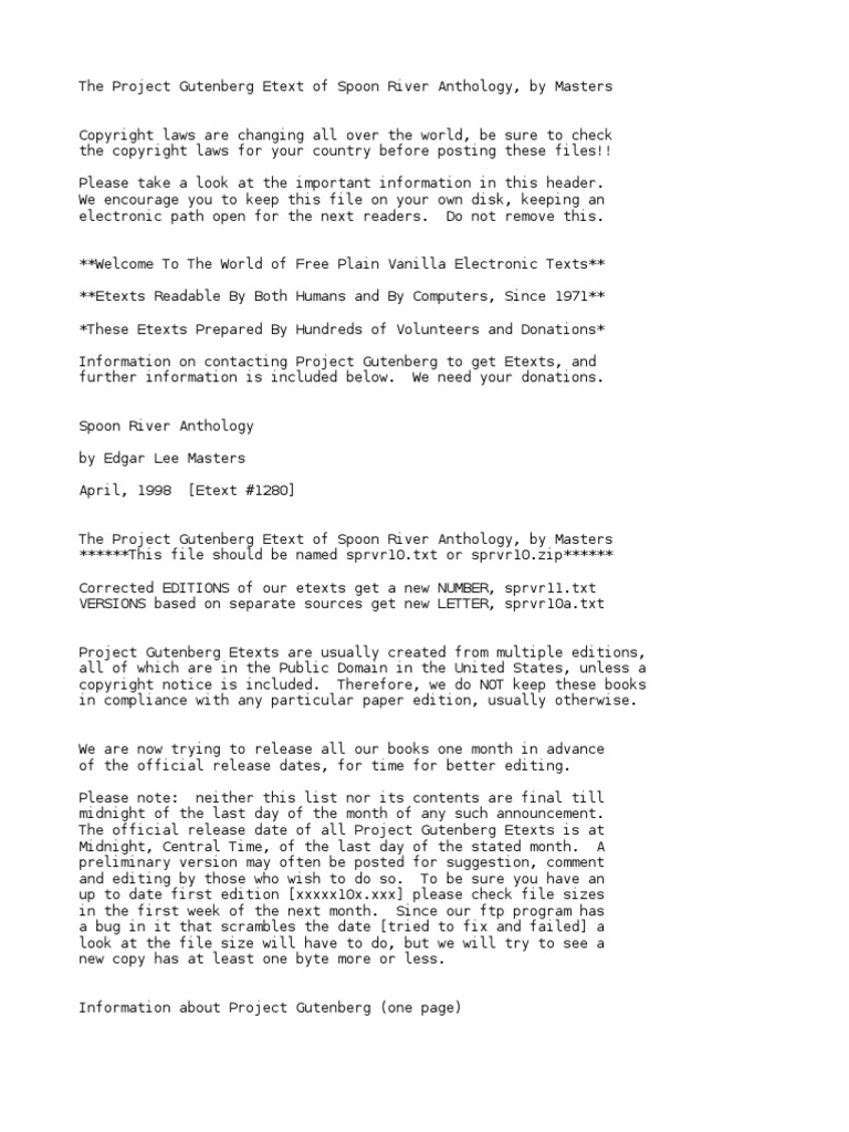 Spoon River Anthology by Masters, Edgar Lee, 1868-1950 | PDF | Project ...