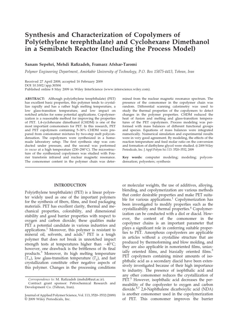 Synthesis and Characterization of Copolymers of Poly (Ethylene Terephthalate) and Cyclohexane ...