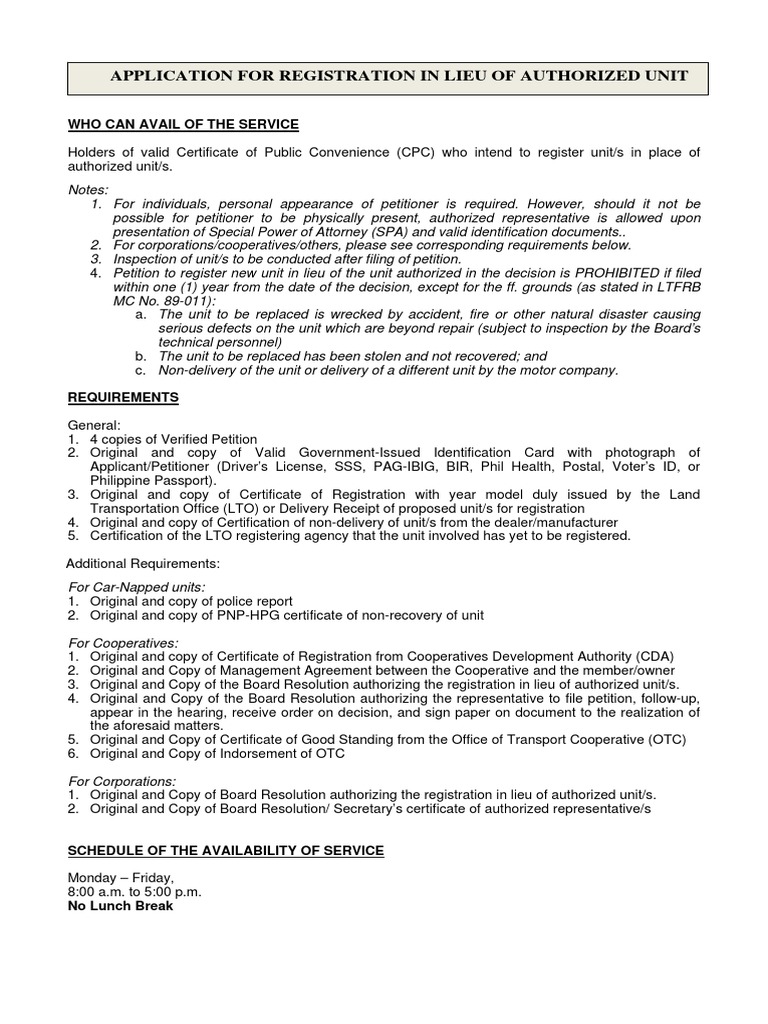 LTFRB Application for Unit Registration | PDF | Identity Document ...