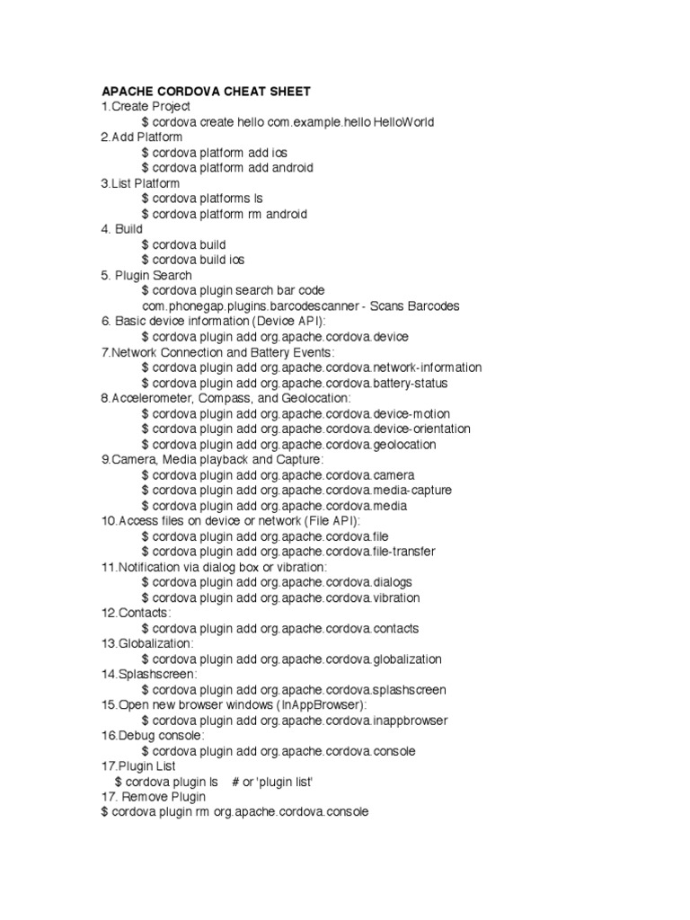 Apache Cordova Cheat Sheet | PDF