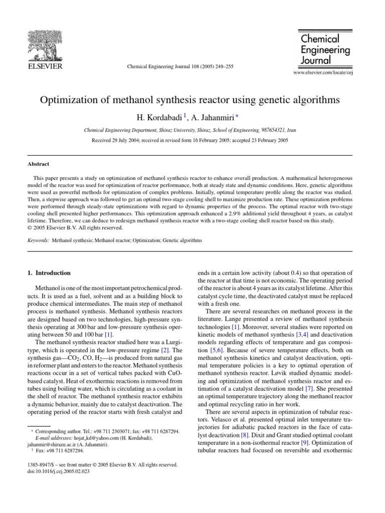 Optimization of Methanol Synthesis Reactor Using Genetic Algorithms | PDF | Chemical Reactor ...