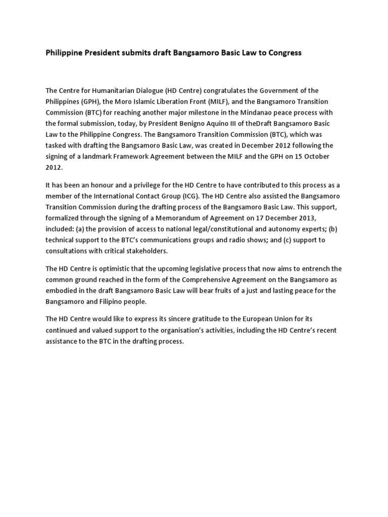 Statement of HD Centre On The Submission of The BBL To Congress | PDF