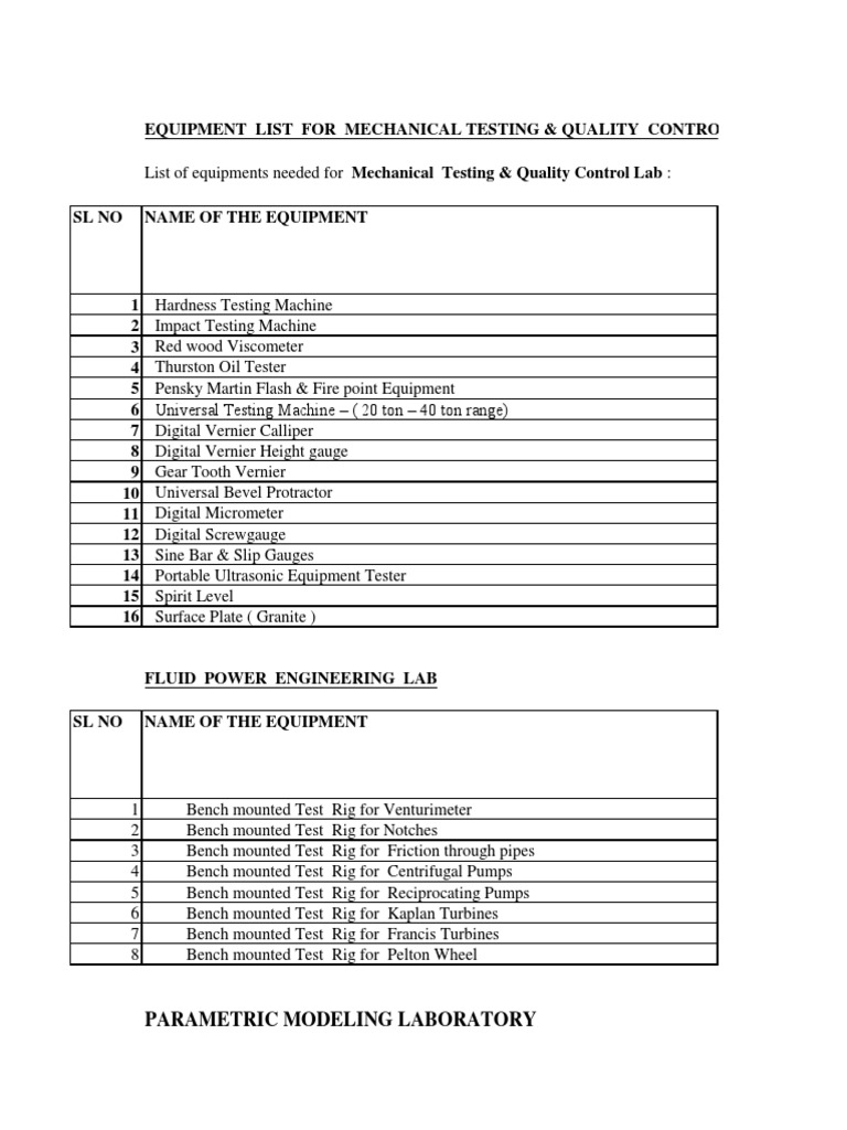 Mechanical Testing & QC Lab Equipment List | PDF