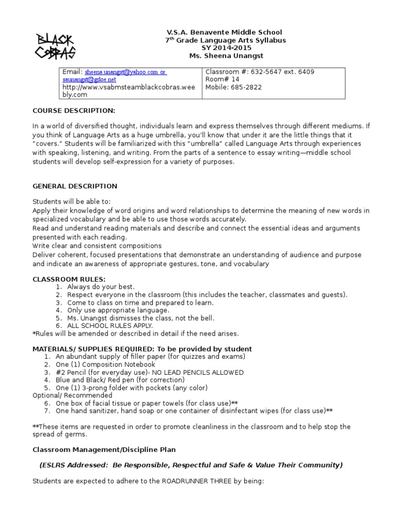 VSABMS 7th Grade Language Arts Syllabus | PDF