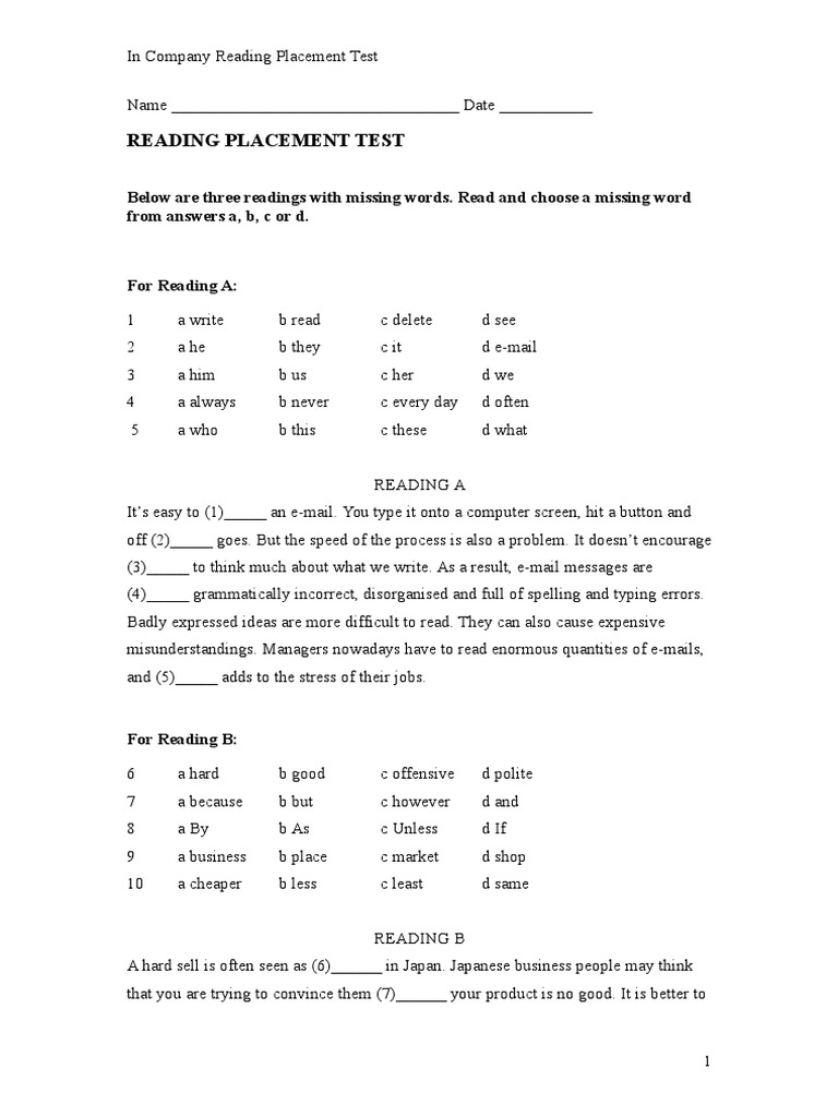 Reading Placement Test | PDF | Communication | Business