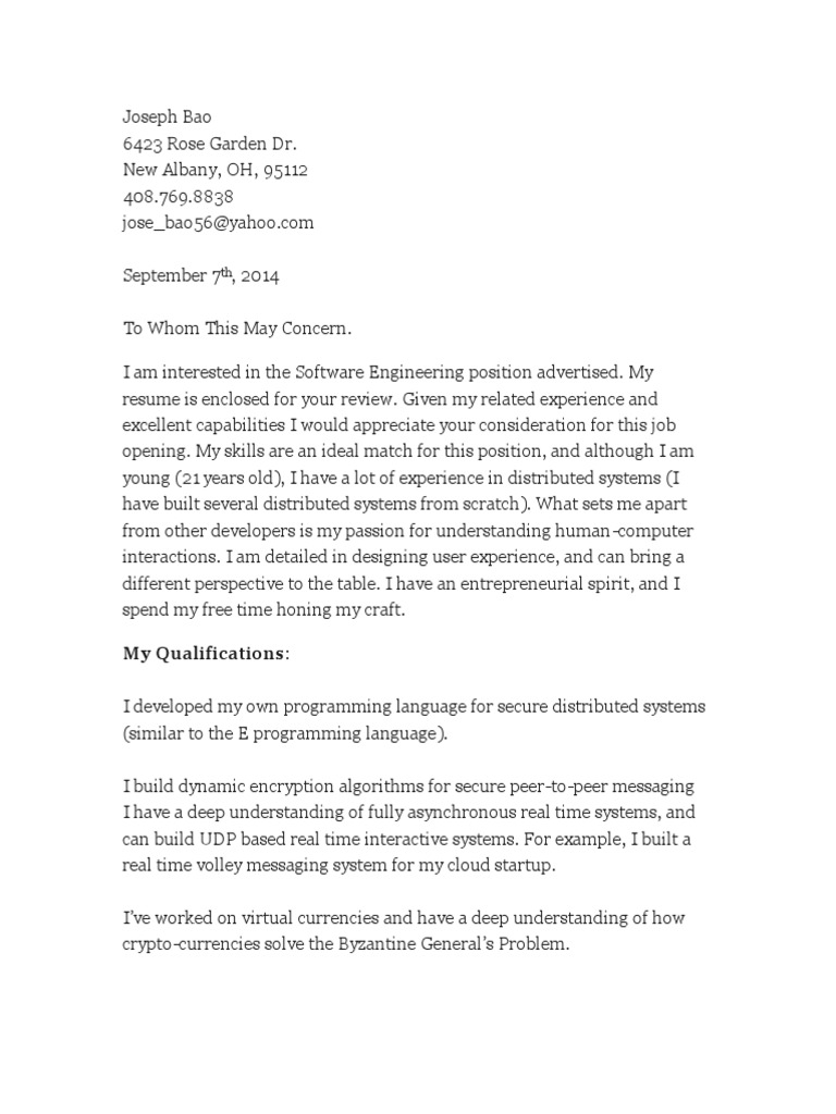 Joseph Bao's Software Engineering Application | PDF