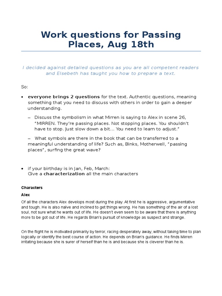 Work Questions for "Passing Places" Analysis | PDF | Language Arts ...