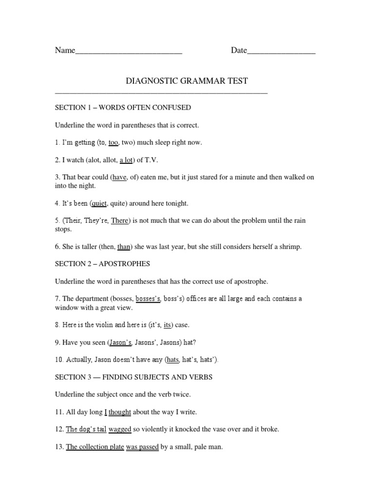 Answers Diagnostic Grammar Test | PDF | Letter Case | Linguistics