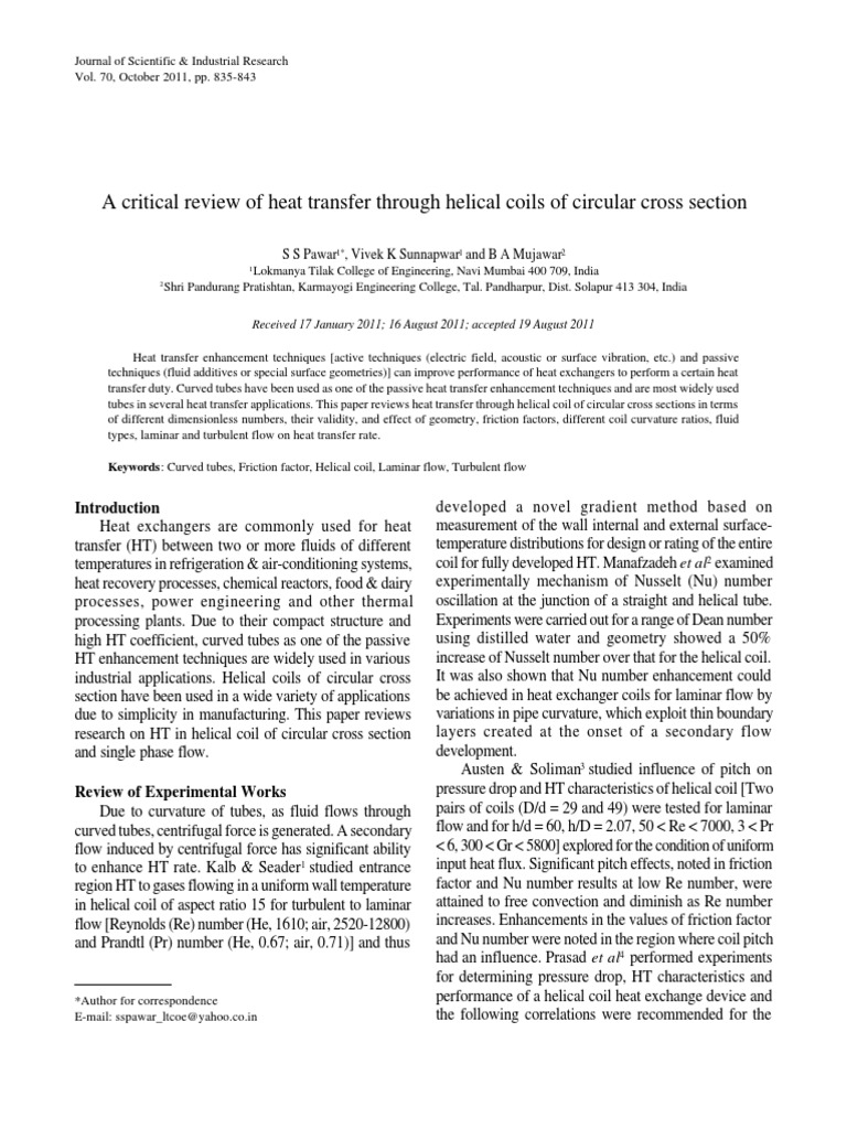 A Critical Review of Heat Transfer Through Helical Coils of Circular ...