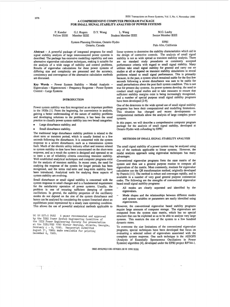 A Comprehensive Computer Program For Small Signal Stability Analysis of Power Systems | PDF ...