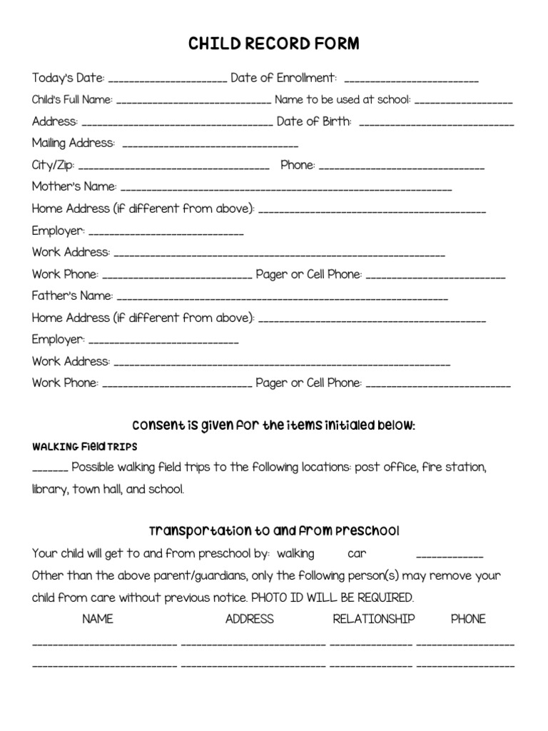 Child Record Form | PDF | Insurance | Health Care