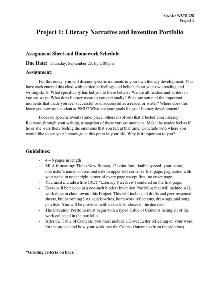 Project 1 Literacy Narrative Assignment | PDF | Homework | Essays