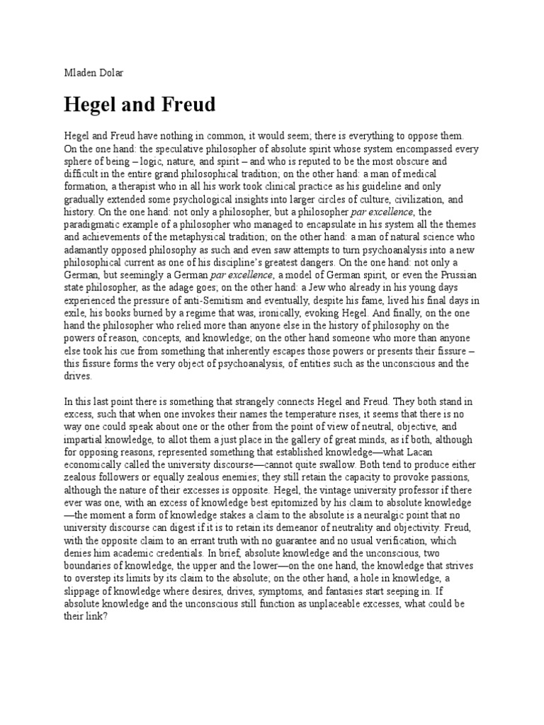 Mladen Dolar Hegel and Freud | PDF | Georg Wilhelm Friedrich Hegel ...