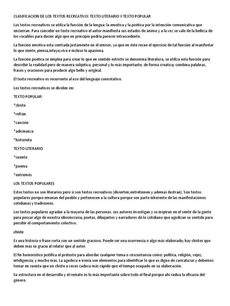 Clasificacion de Los Textos Recreativo | PDF | Poesía | Cuentos