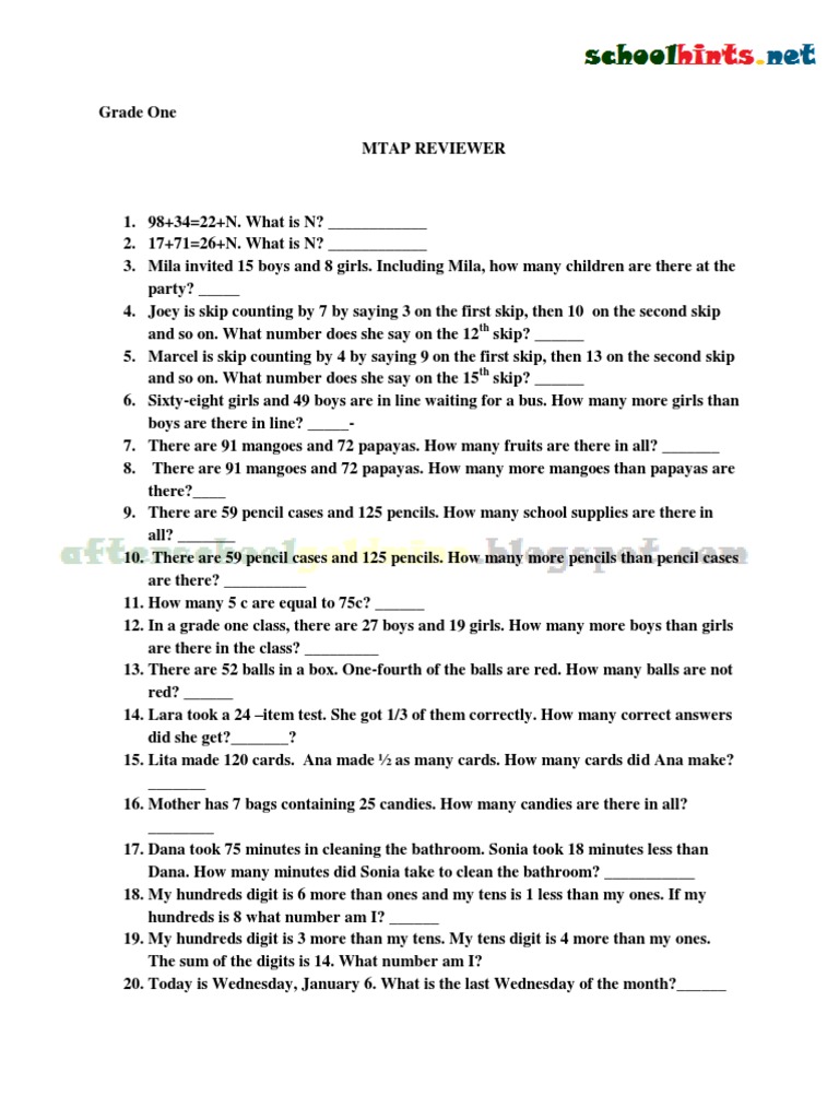 MTAP Questions For Grade 1 | PDF