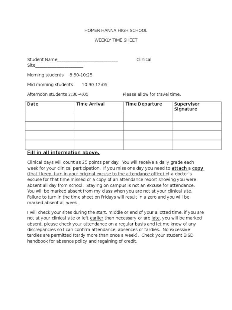 Clinical Weekly Time Sheet New | PDF
