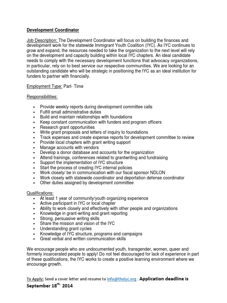 Development Coordinator Job | PDF | Grant (Money) | Communication