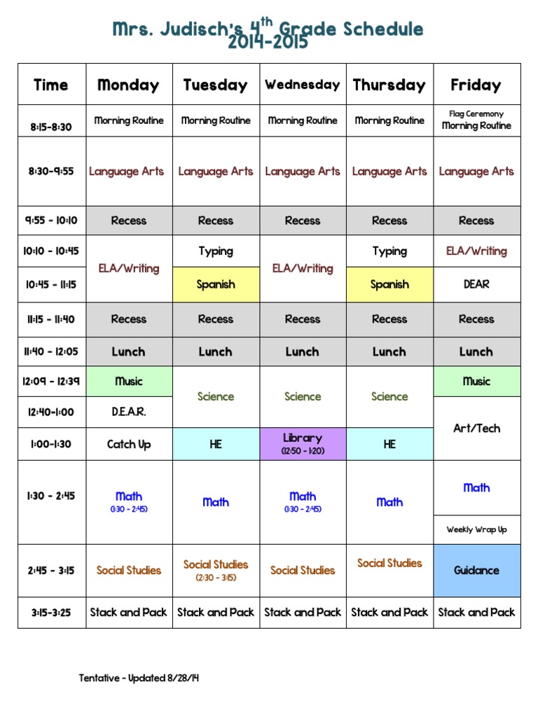Mrs. Judisch's 4th Grade Schedule 2014-2015 | PDF