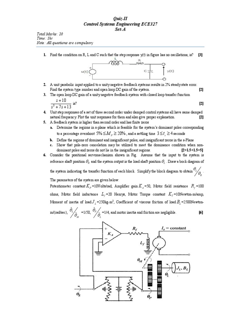 Quiz-II Control Systems Engineering ECE327 Set-A: Total Marks: 20 Time ...