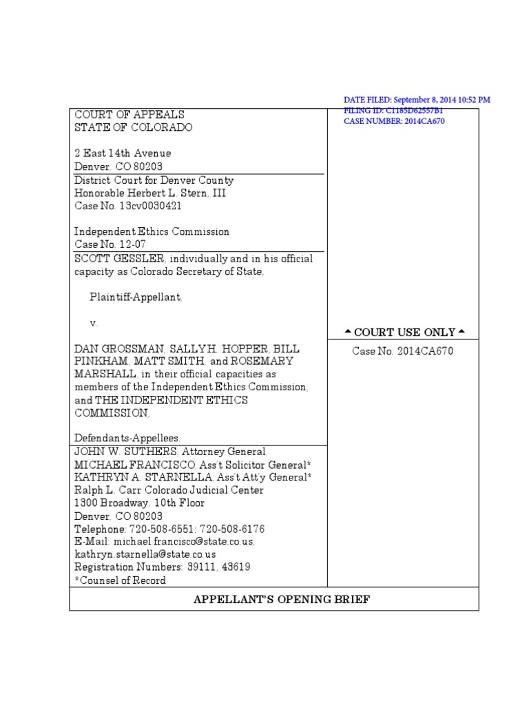 Gessler Opening Brief | PDF | Brief (Law) | Jurisdiction