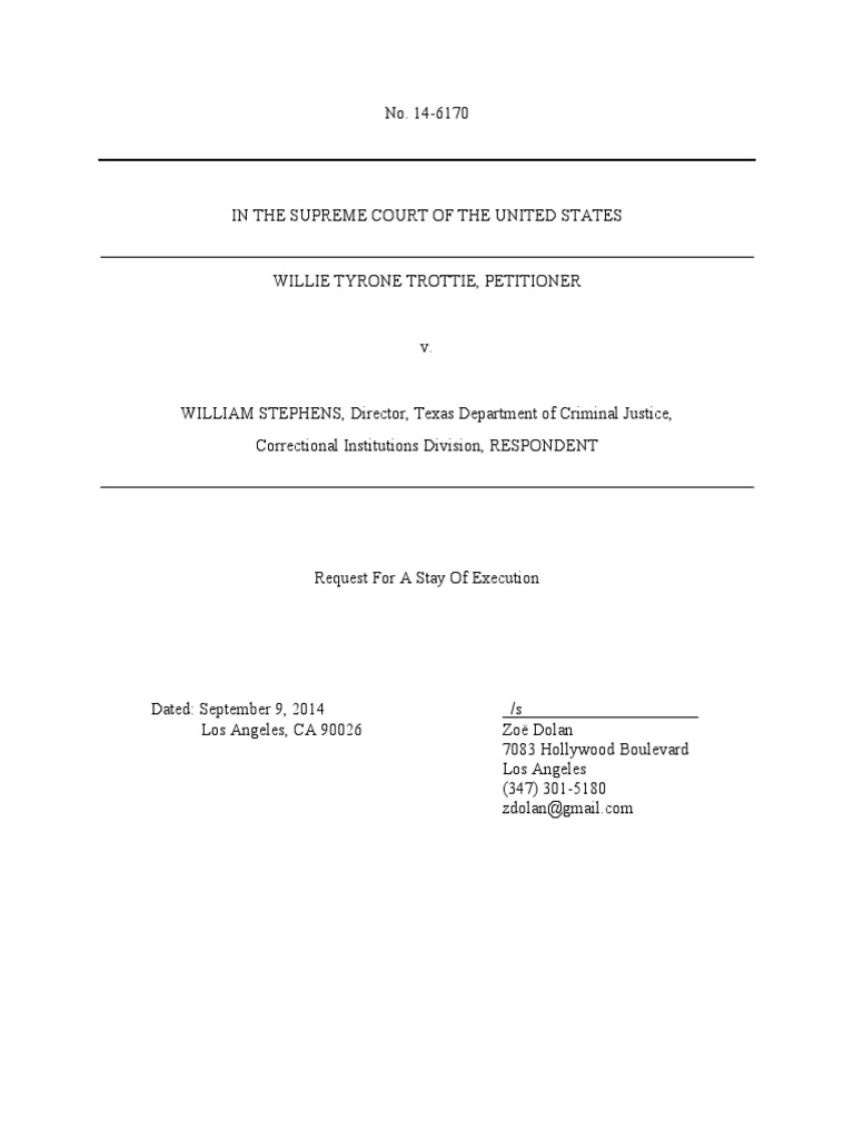Willie Trottie - Stay Request | PDF | Certiorari | Lawsuit