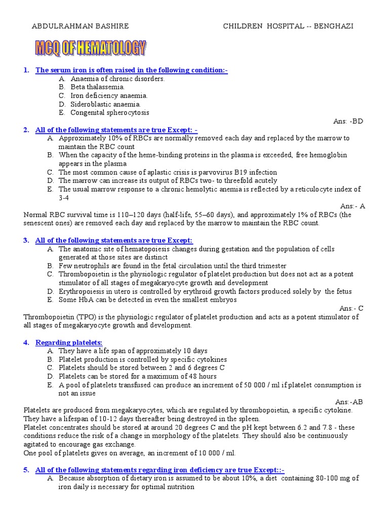MCQ of Hematology | PDF | Anemia | Hemoglobin