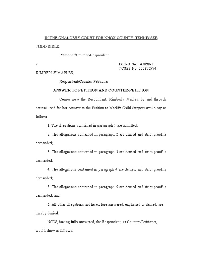 9348 Maples Answer To Petition-Counter Petition | PDF | Child Support ...