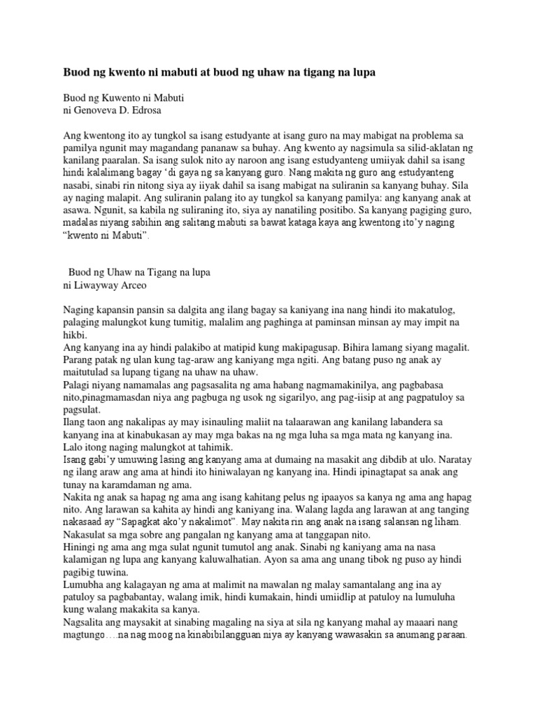 Buod NG Kwento Ni Mabuti at Buod NG Uhaw Na Tigang Na Lupa | PDF