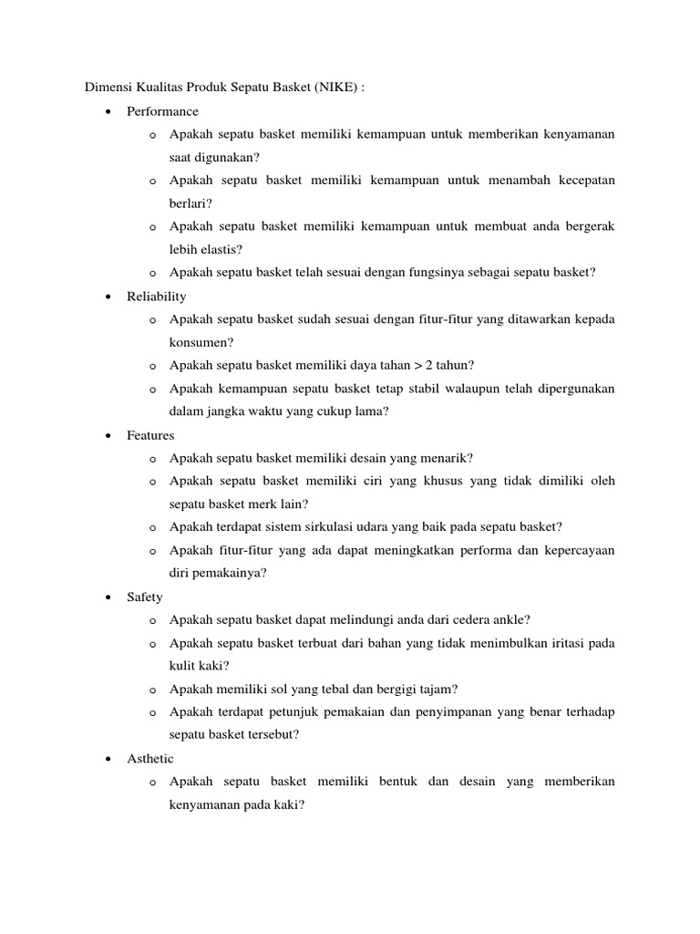 Dimensi Kualitas Sepatu Basket NIKE | PDF | Olahraga & Rekreasi | Seni