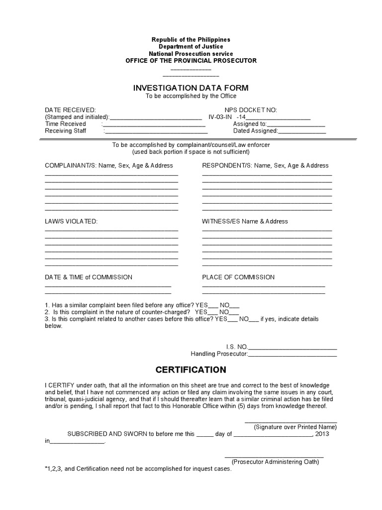 Investigation Data Form | PDF | Prosecutor | Complaint