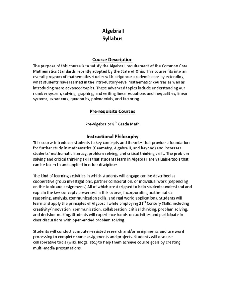 Algebra I.course Syllabus | PDF | Statistics Of Education | Schools
