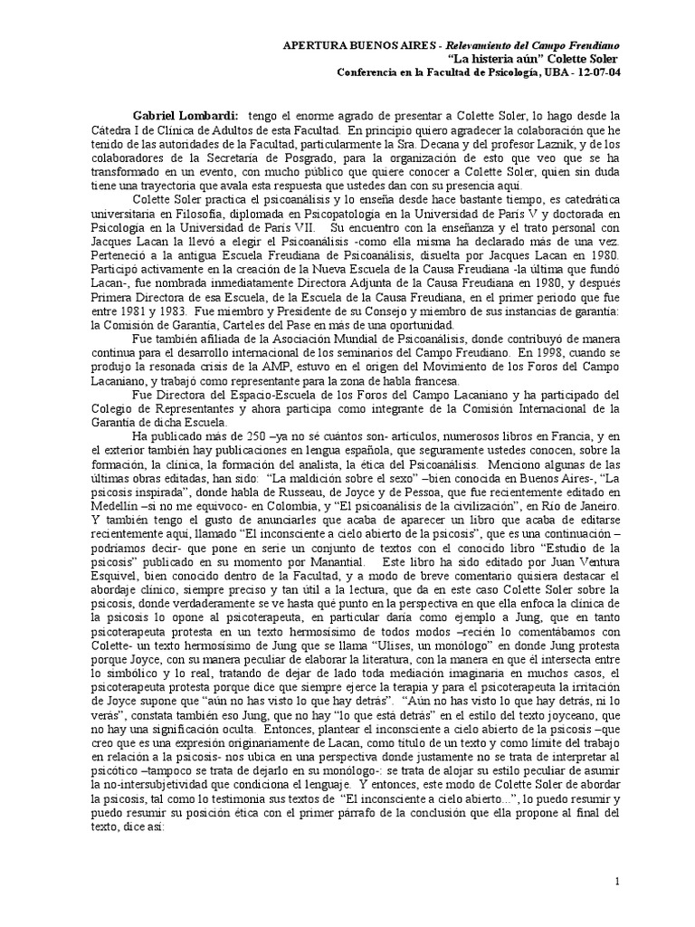 Colette Soler-La Histeria Aún UBA | PDF | Psicoanálisis | Sigmund Freud