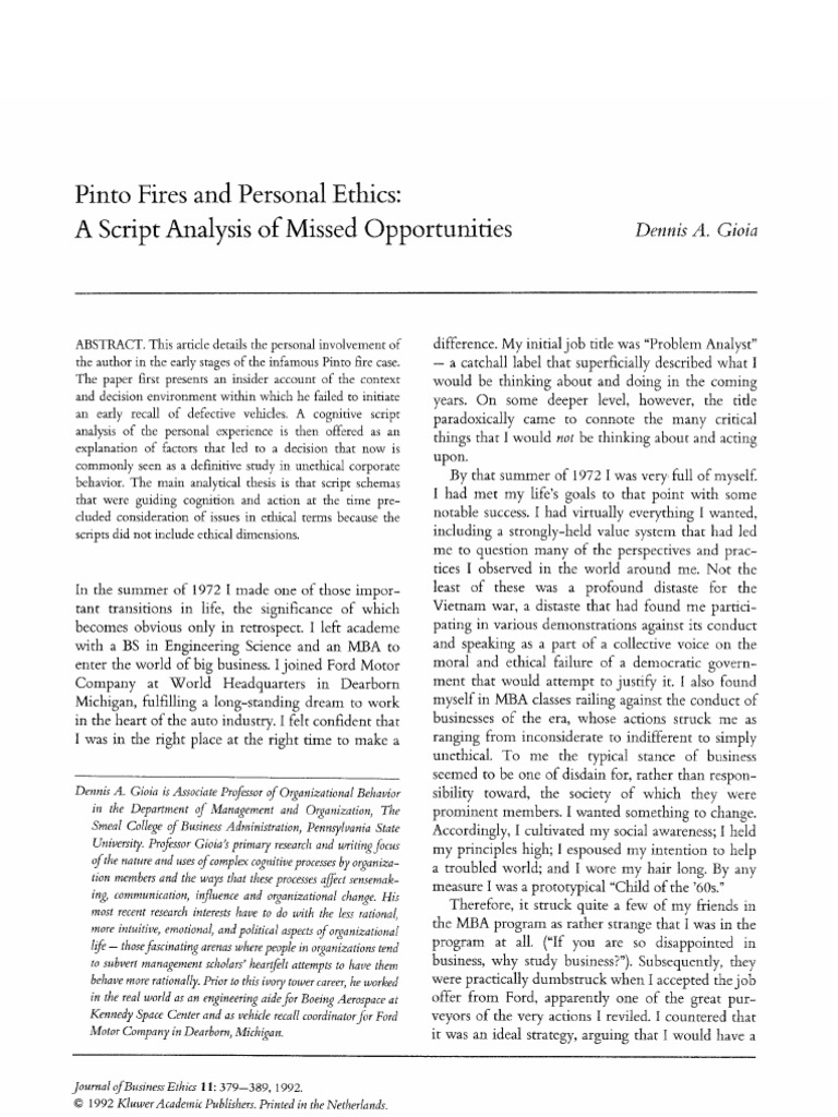 Pinto - Fires and Personal Ethics | PDF | Cost–Benefit Analysis ...