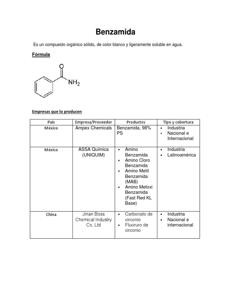 Información sobre Benzamida y Proveedores | PDF | Ciencia y matemáticas
