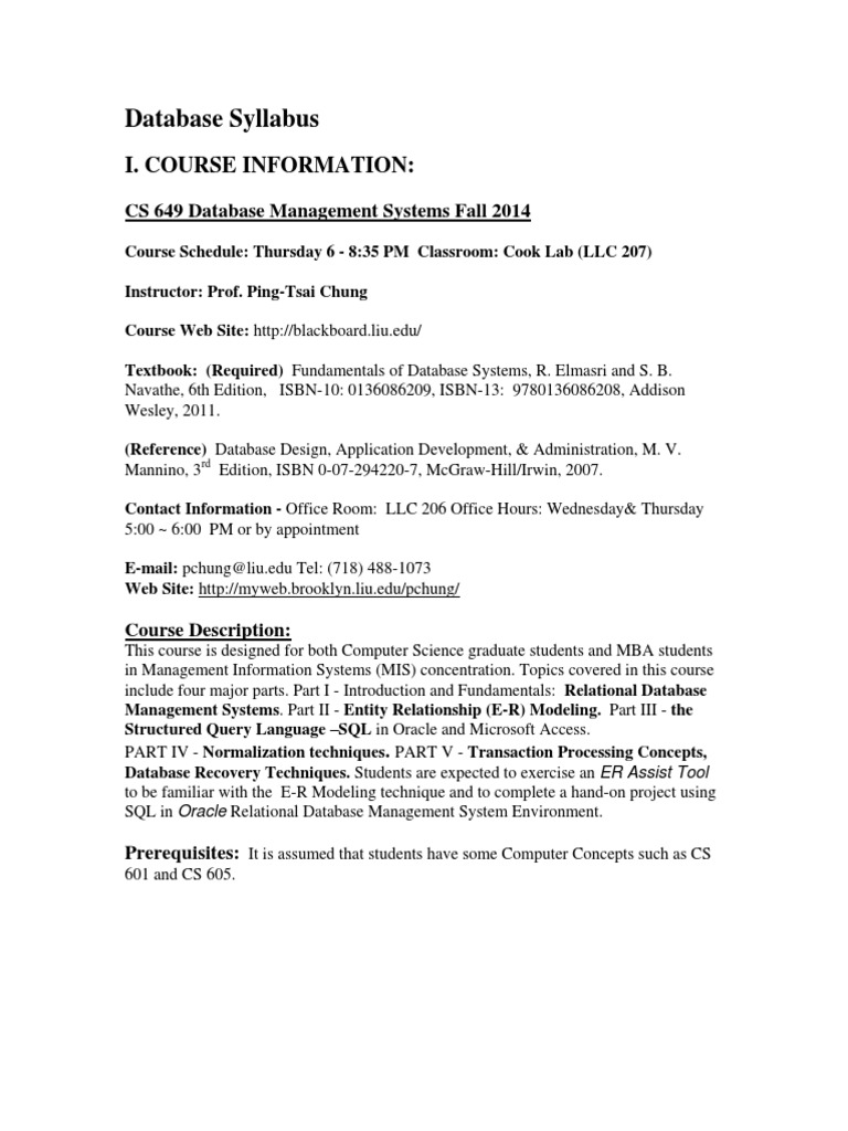 Database Syllabus: I. Course Information | PDF | Relational Database ...