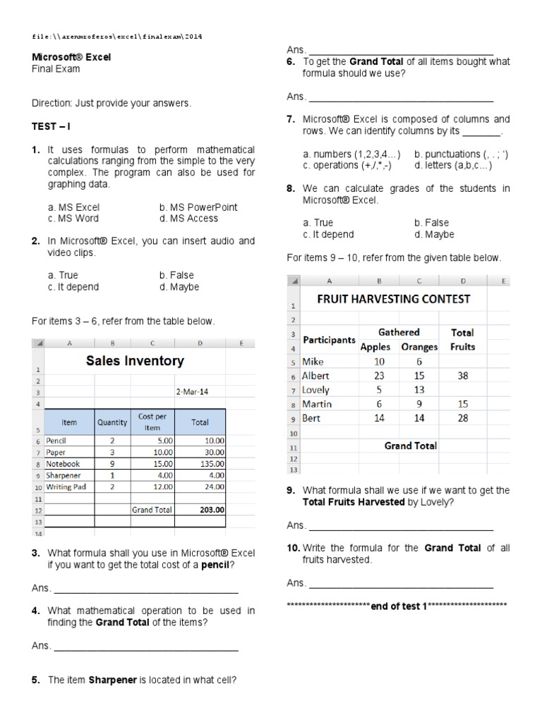 Excel Final Exam | PDF | Microsoft Excel | Computing