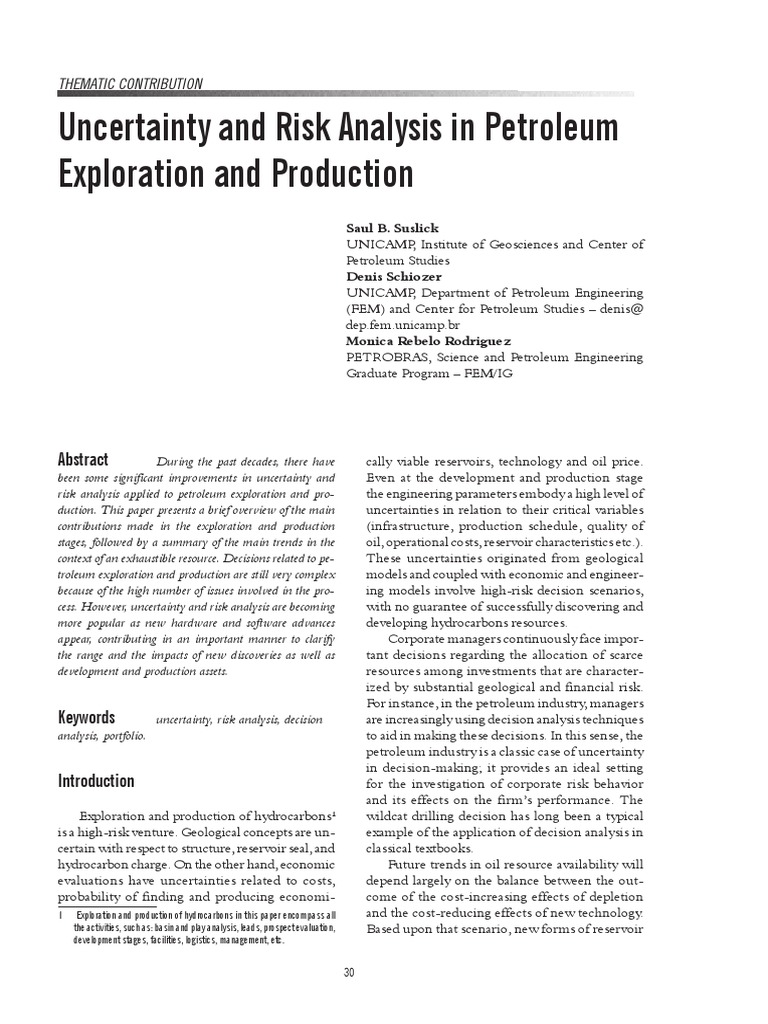 Uncertainty and Risk Analysis in Petroleum Exploration and Production ...