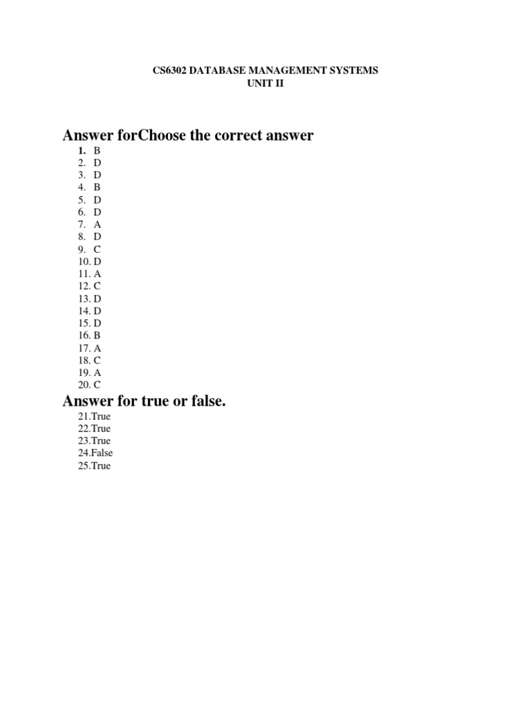 Answer Forchoose The Correct Answer: Cs6302 Database Management Systems Unit Ii | PDF