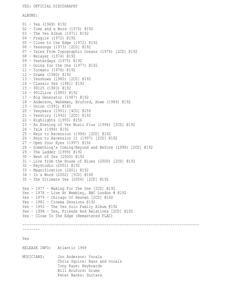 Yes Discography | PDF | Progressive Rock | Music Industry